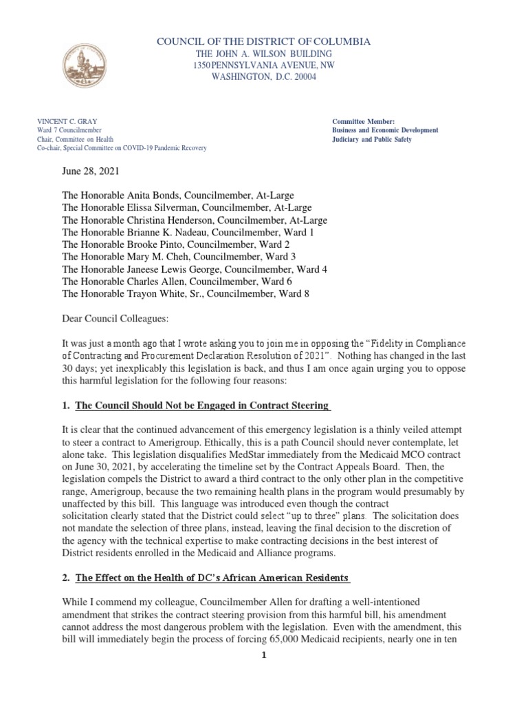 Letter From CM Gray To Councilmembers On MCO Contract Legislation (6.28 ...
