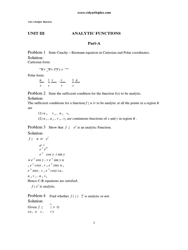 Unit Iii Analytic Functions Part A Problem 1 Solution Pdf Equations Trigonometric Functions