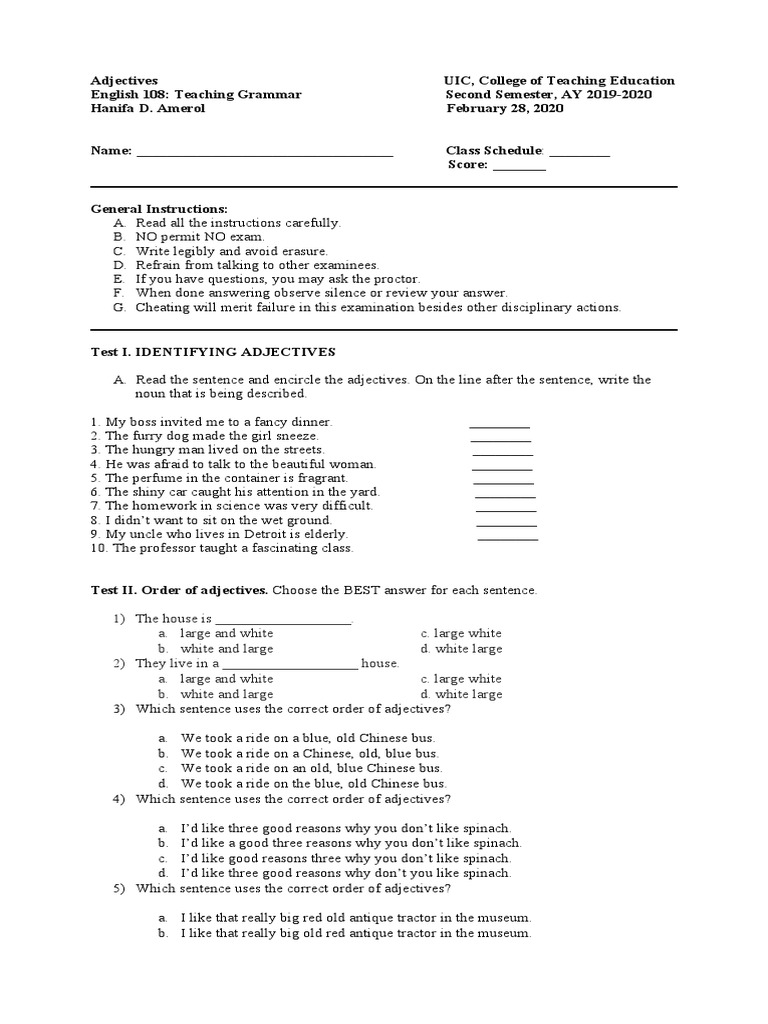 Adjectives Test | PDF | Adjective | Test (Assessment)