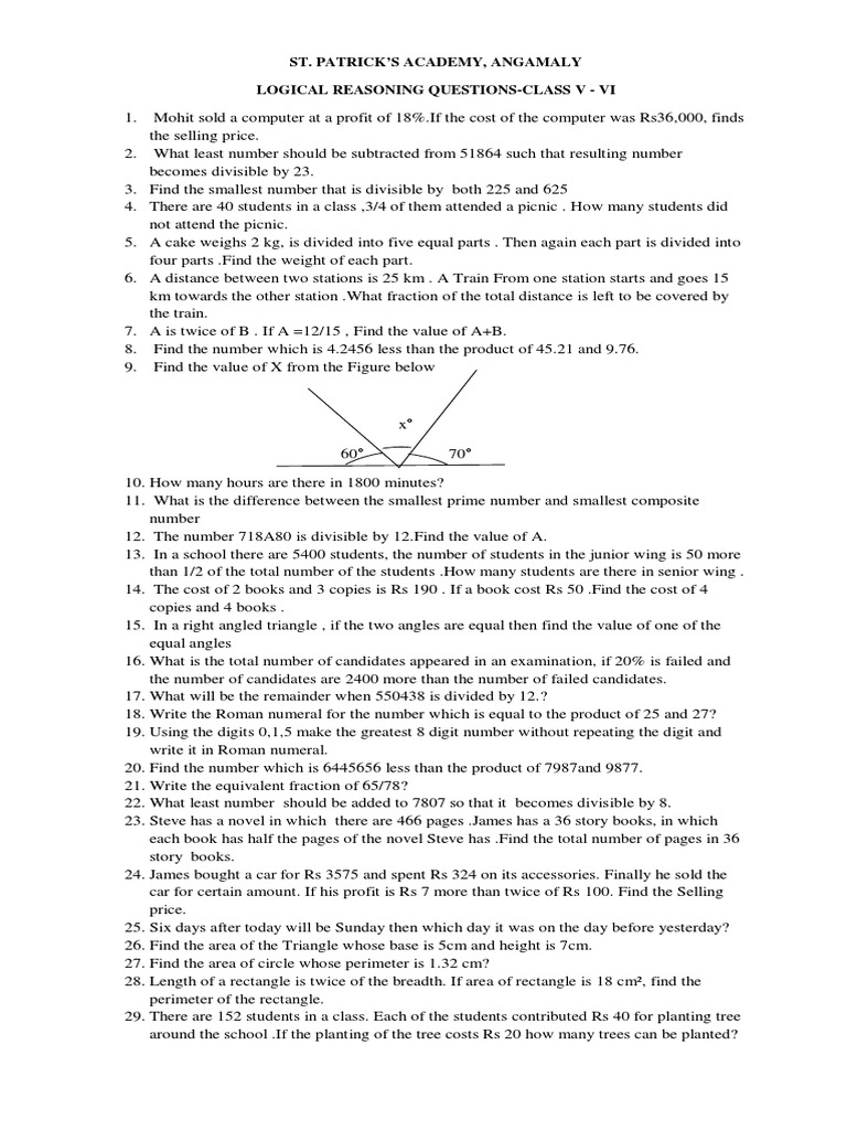 St. Patrick'S Academy, Angamaly Logical Reasoning Questions-Class V ...