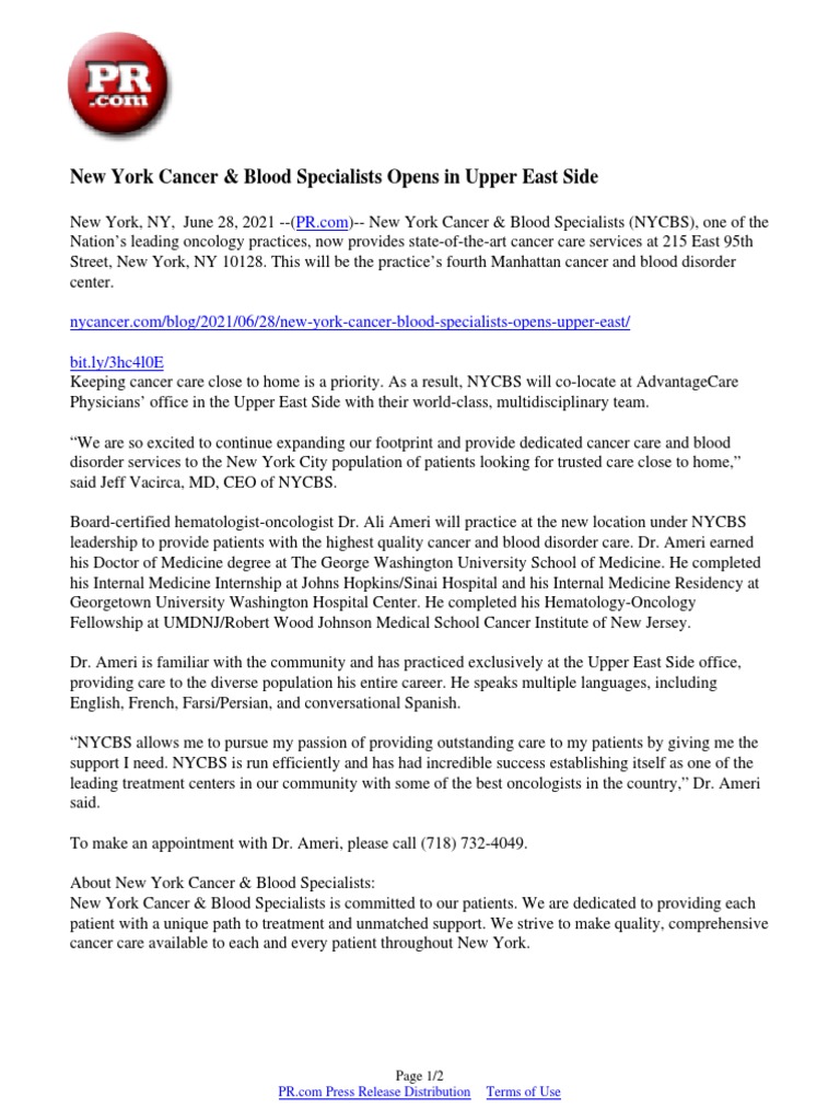 New York Cancer Blood Specialists Opens In Upper East Side Pdf