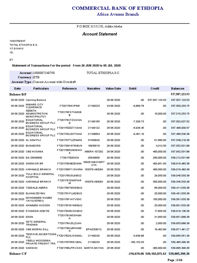 Cbe Ac STMT RP | PDF | Transaction Account | Overdraft
