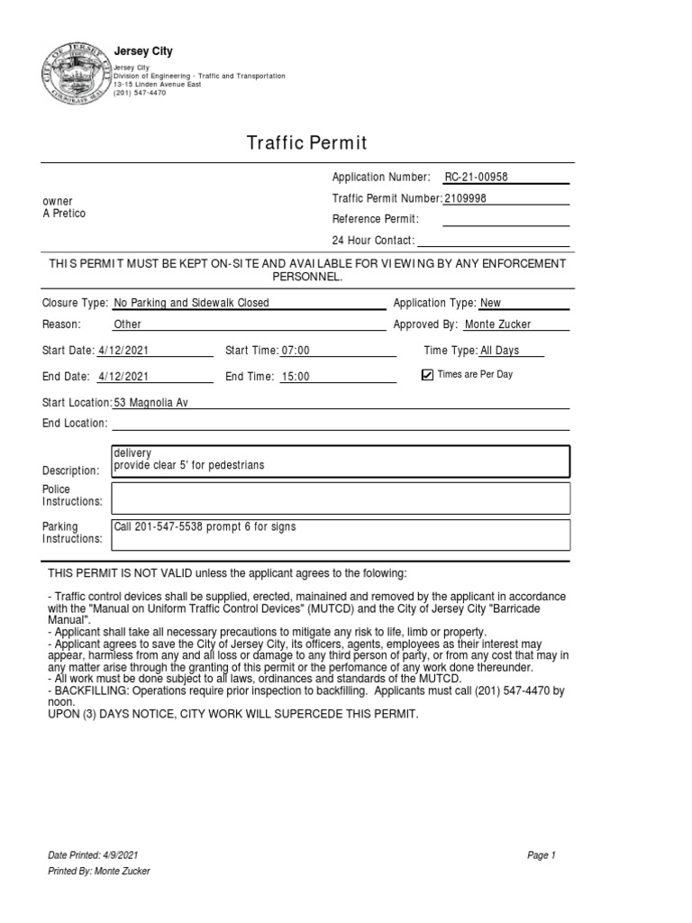 Traffic Permit: Jersey City | PDF | Traffic | Transport