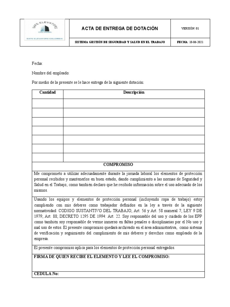 Acta de Entrega de Dotación | PDF