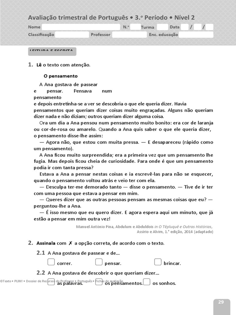 Avaliação Trimestral de Português (3.º Período - Nível 2) | PDF ...