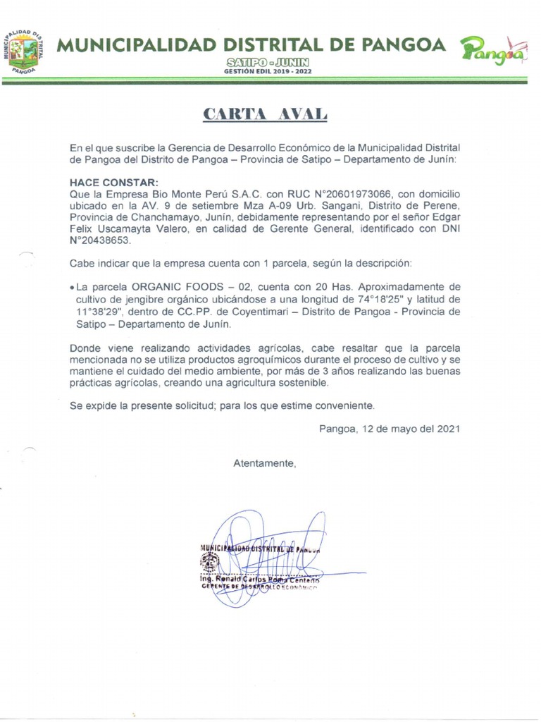 Carta Aval Pangoa | PDF