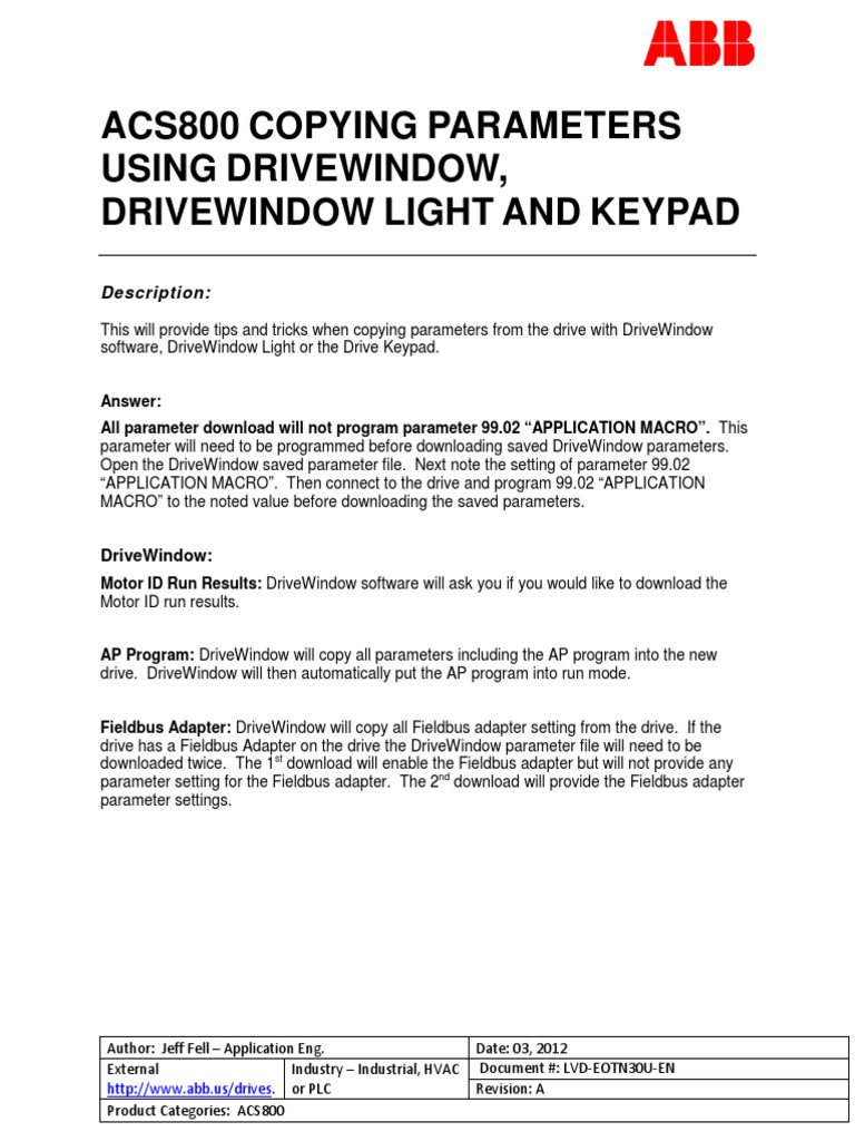 ACS800 Copying Parameters Using Drivewindow, Drivewindow Light AND Keypad | Download Free PDF ...