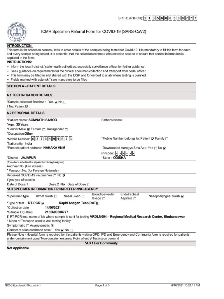 Icmr Specimen Referral Form For Covid-19 (Sars-Cov2) : (These Fields To ...