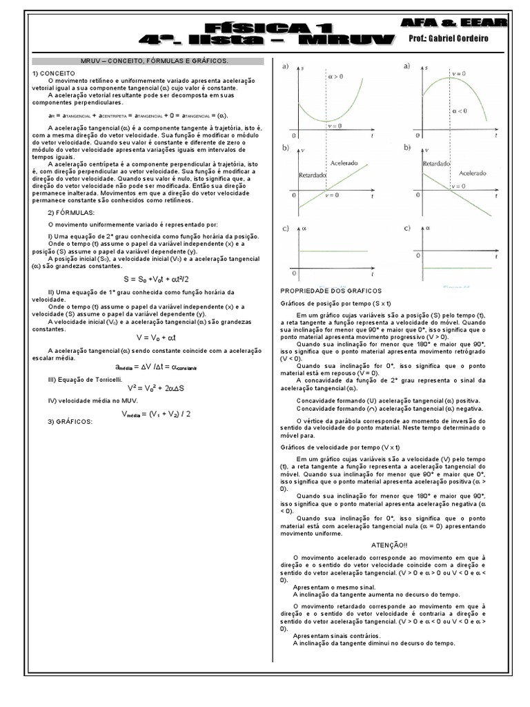 MRUV: Conceitos, Fórmulas e Gráficos | PDF | Velocidade | Espaço