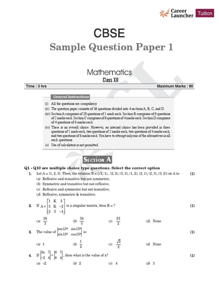 Sample Question Paper 1: Section A | PDF | Tangent | Curve