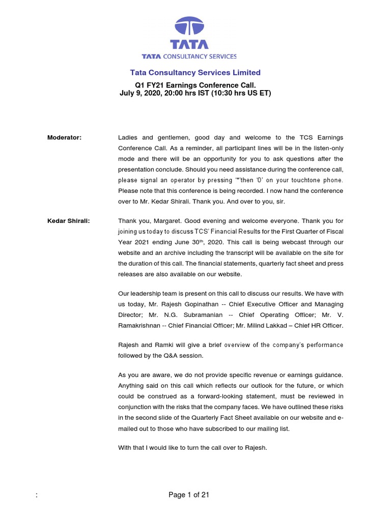 Transcript of The Q1 2020-21 Earnings Conference Call Held at 2000 Hrs ...