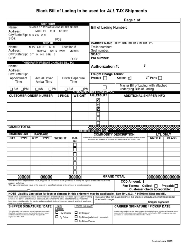 Blank Bill of Lading To Be Used For ALL TJX Shipments | PDF | Cargo ...