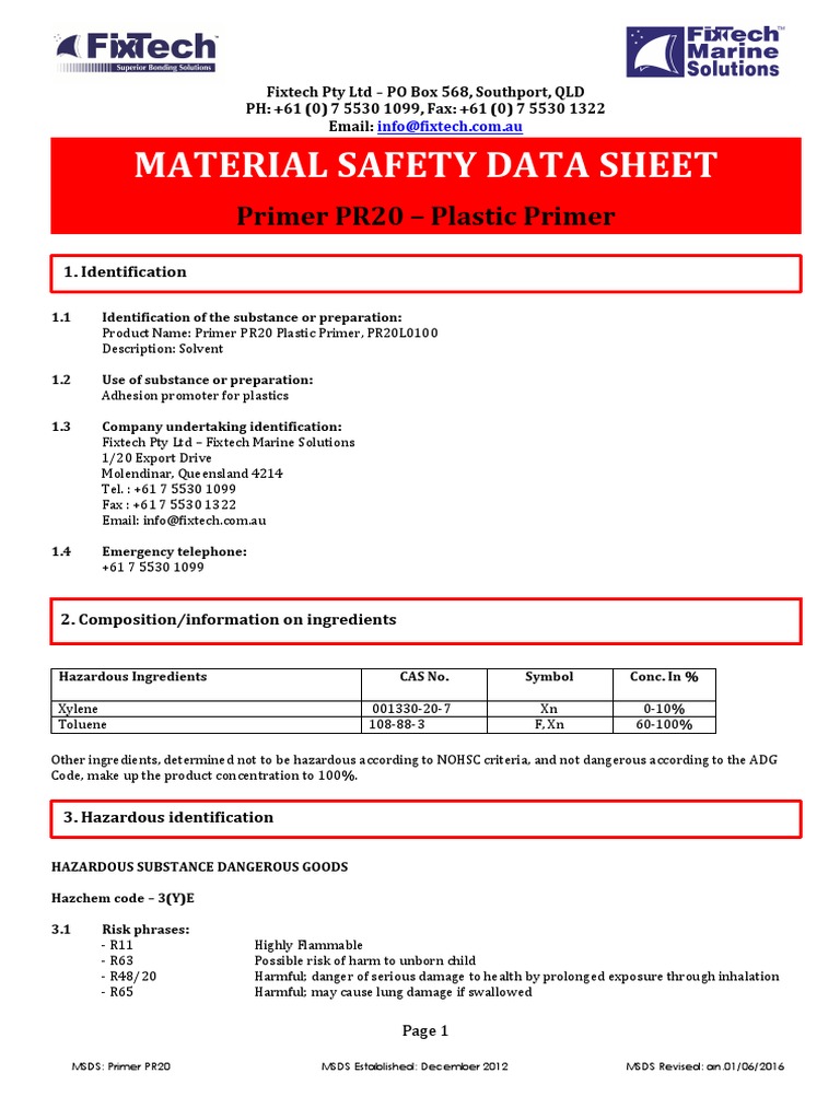 Material Safety Data Sheet: Primer PR20 - Plastic Primer | PDF | Fires ...