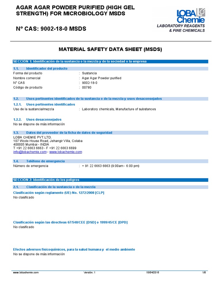 Material Safety Data Sheet for Agar Agar Powder Purified | PDF | Agua ...