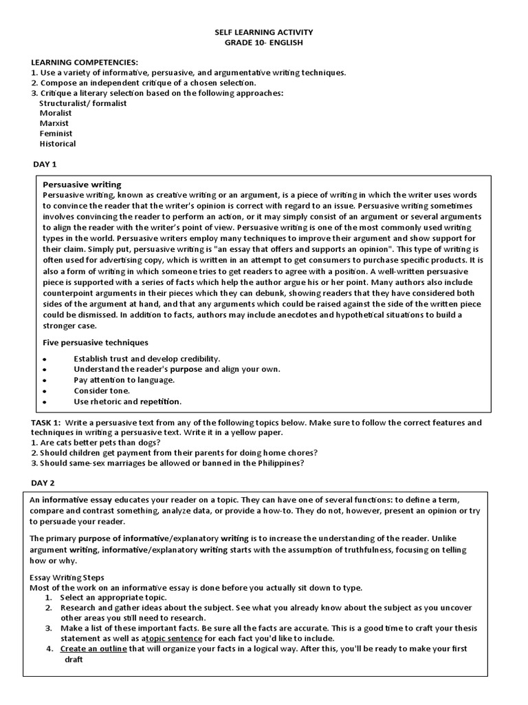 Persuasive Writing: Self Learning Activity Grade 10-English Learning ...