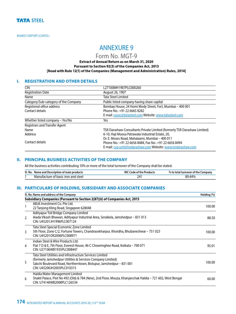 Annexure 9: Form No. MGT-9 | PDF | Companies | Steel