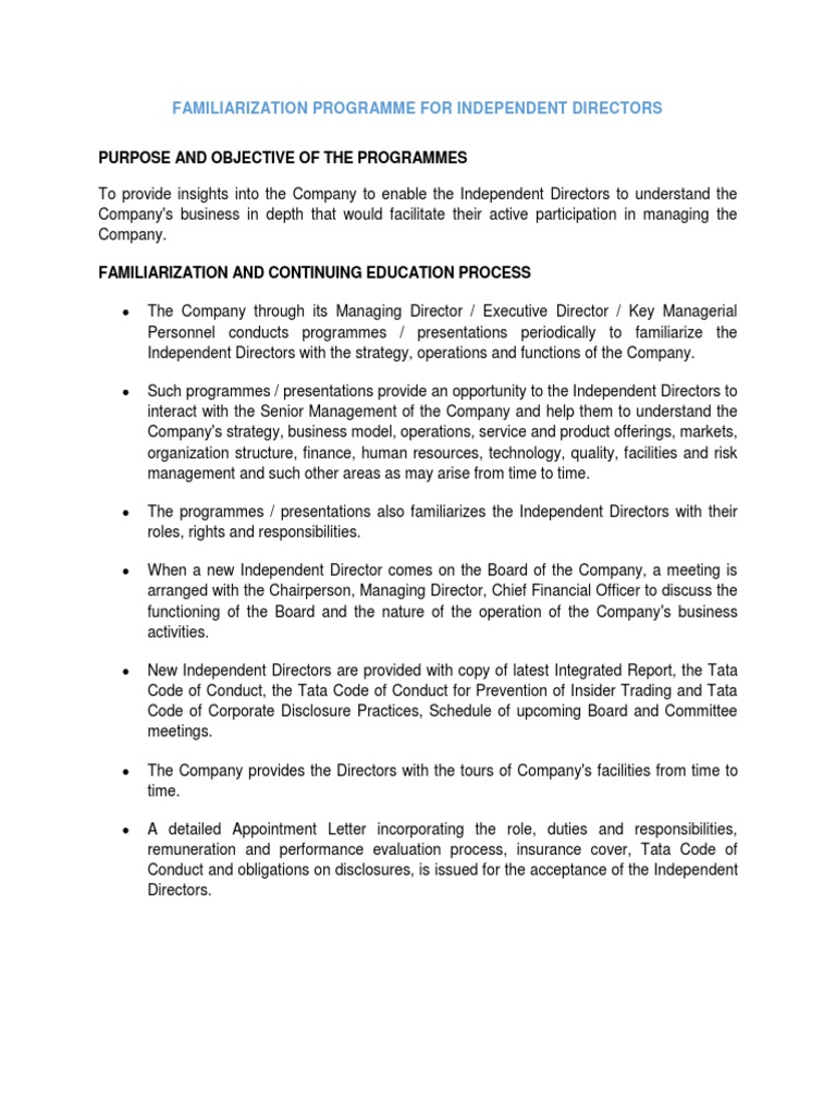 Familiarization Programme For Independent Directors For Website | PDF ...