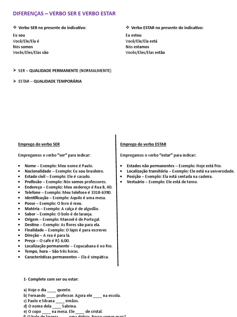 Diferença - Verbo Ser e Verbo Estar | PDF | Entretenimento (geral)