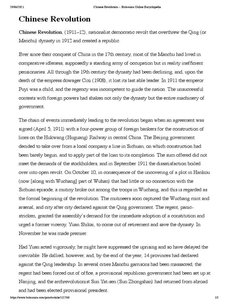 Overview of the Chinese Revolution of 1911-1912 that Overthrew the Qing ...