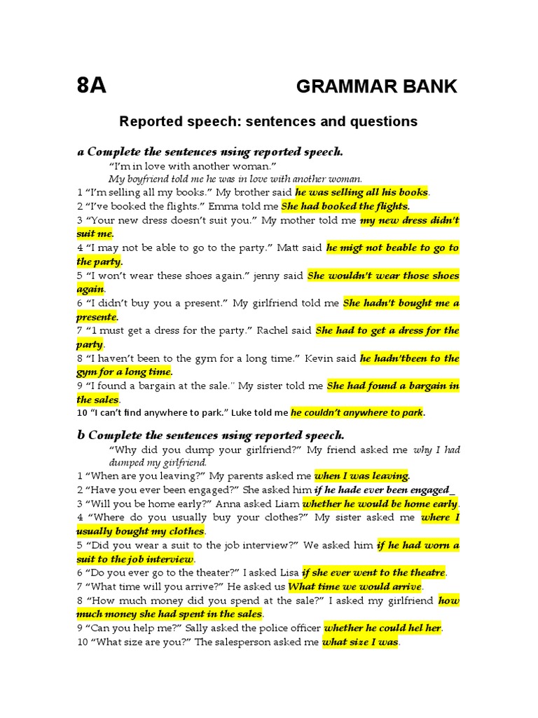 Grammar Bank: Reported Speech: Sentences and Questions | PDF