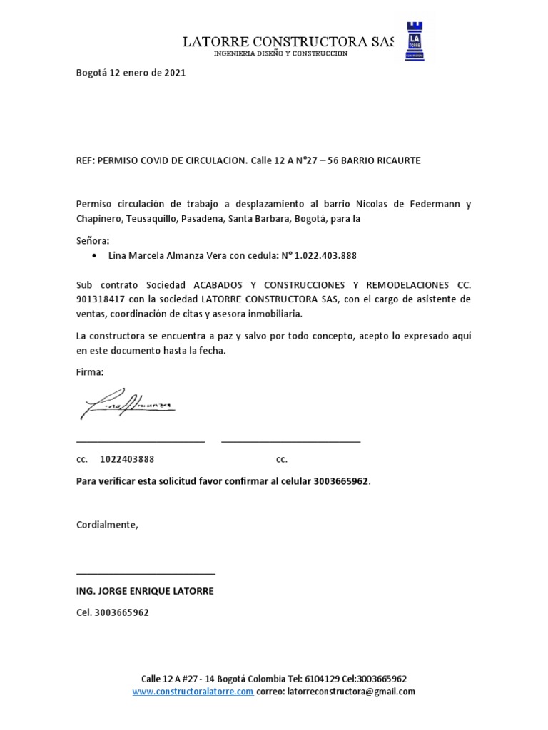 Permiso de Circulación COVID - Lina Almanza | PDF
