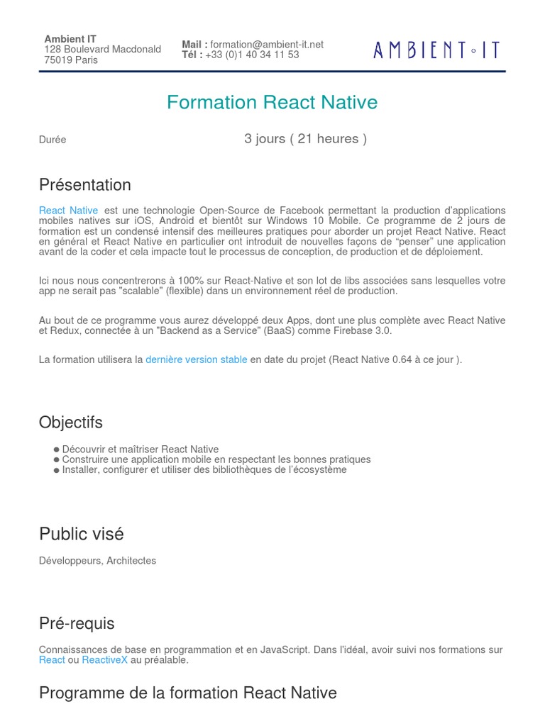 Annexe 1 Fiche Descriptive Formation React Native | PDF | Développement ...