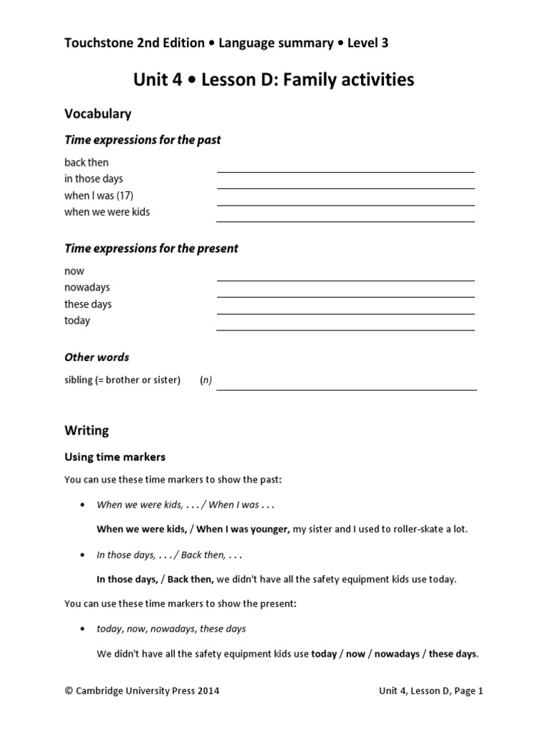 Unit 4 - Lesson D: Family Activities: Touchstone 2nd Edition - Language Summary - Level 3 | PDF