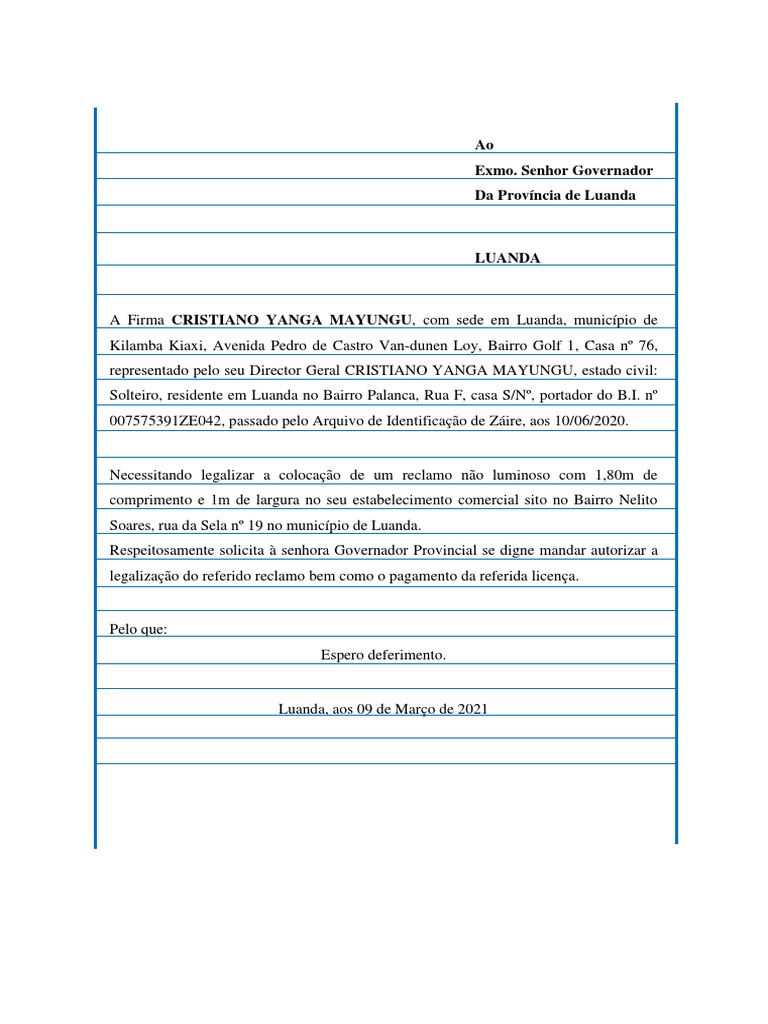 Ao Exmo. Senhor Governador Da Província de Luanda | PDF