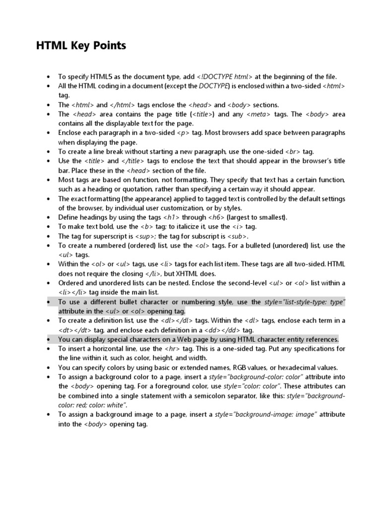 HTML Key Points: Tags | PDF | Html Element | Html