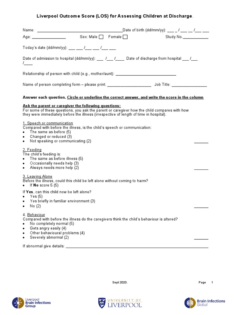 Liverpool Outcome Score (LOS) For Assessing Children at Discharge | PDF ...