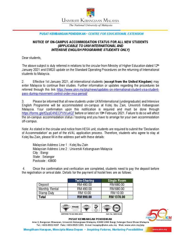 Notice of On-Campus Accommodation Status For All New Students | PDF ...