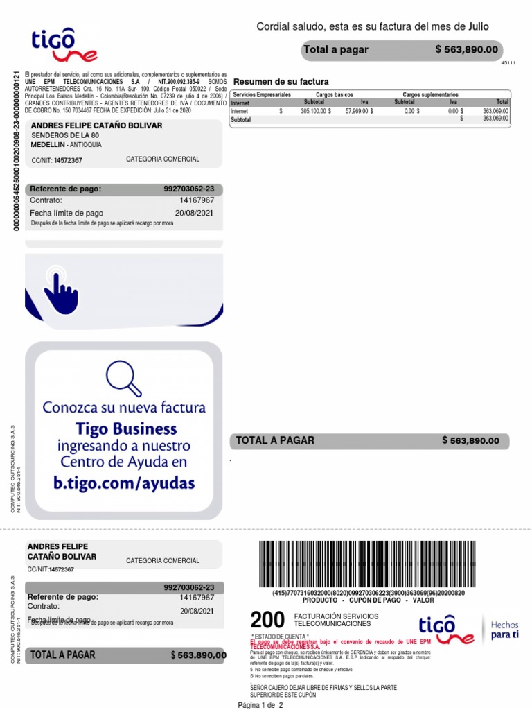 Factura Tigo Une PDF | PDF | Documentos empresariales | Contabilidad