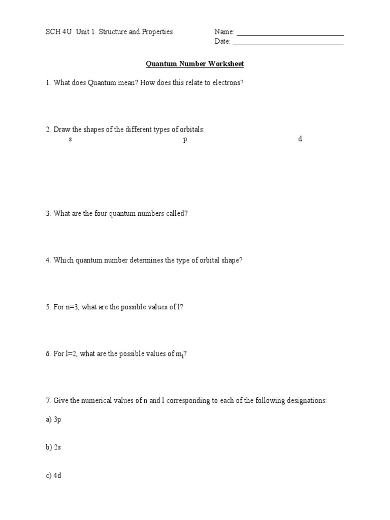 Quantum Number Worksheet Guide | PDF | Atomic Orbital | Energy Level