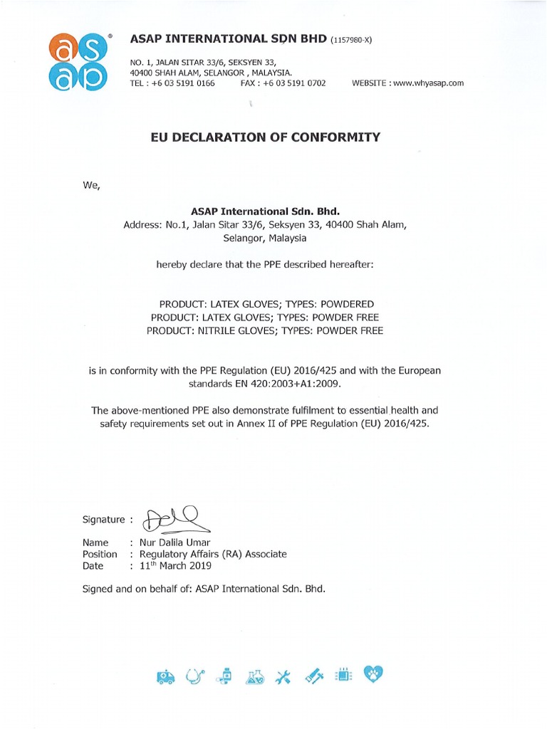 PPE EU Declaration of Conformity Cat 1 ASAP International | PDF