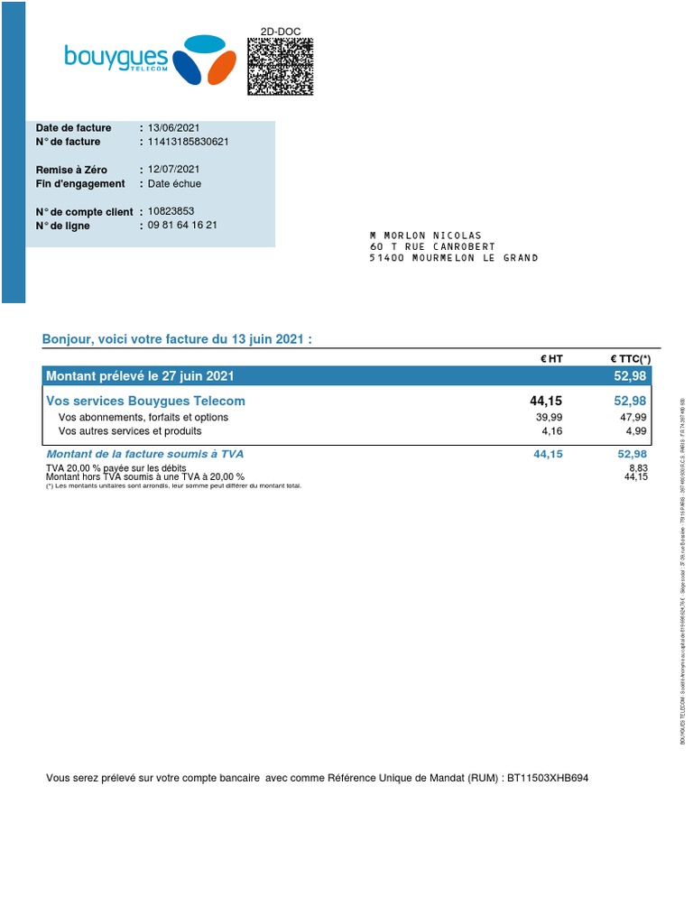 BouyguesTelecom Facture 20210613 | PDF | Services (Économie) | Secteurs ...