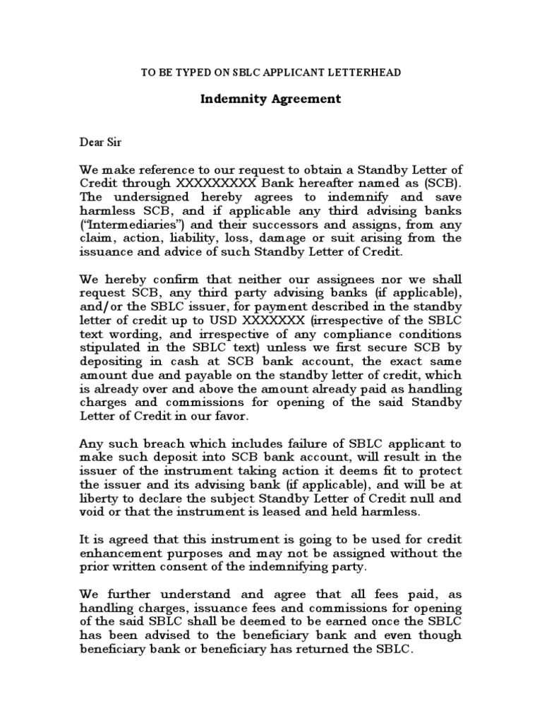 Indemnity Agreement | PDF | Indemnity | Letter Of Credit
