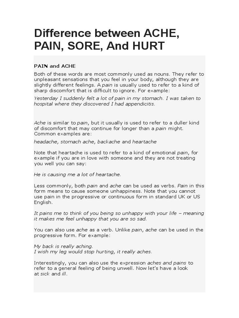 Difference Between ACHE, Pain, Sore, and Hurt | PDF | Pain | Adjective
