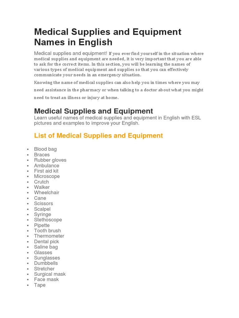 Medical Supplies and Equipment Names | PDF | First Aid | Medicine