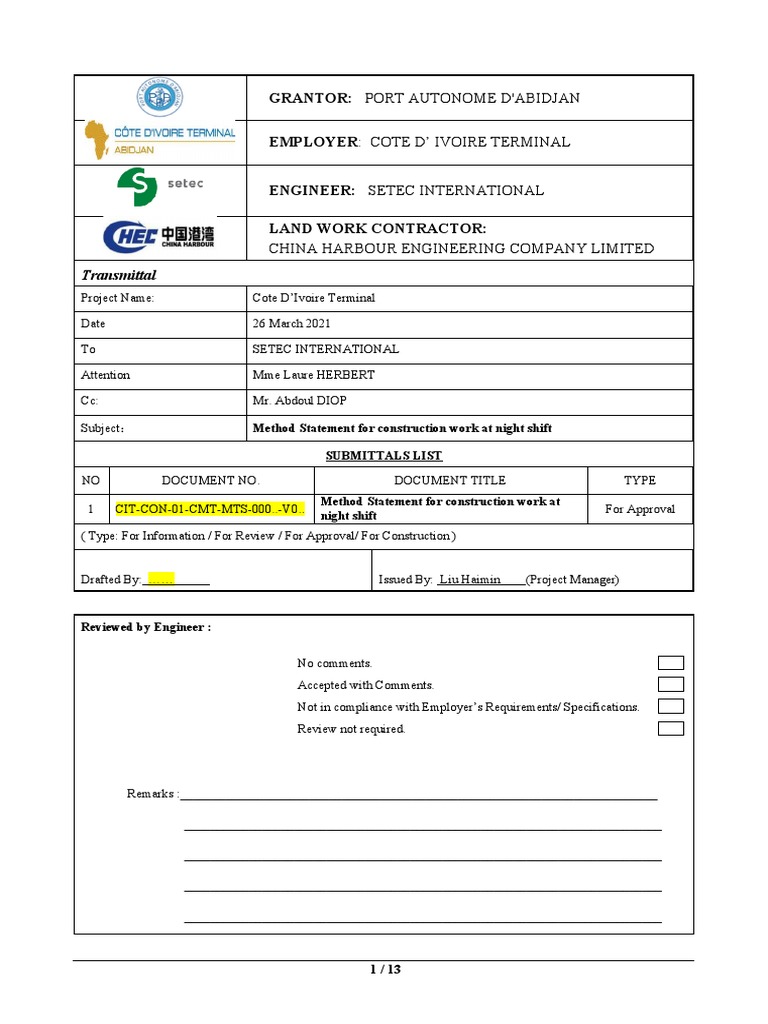 Night Shift Construction Method Statement | PDF | Economic Sectors ...