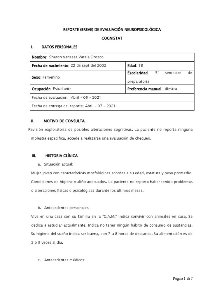 COGNISTAT - Ejemplo de Reporte | PDF | Memoria | Neurociencia
