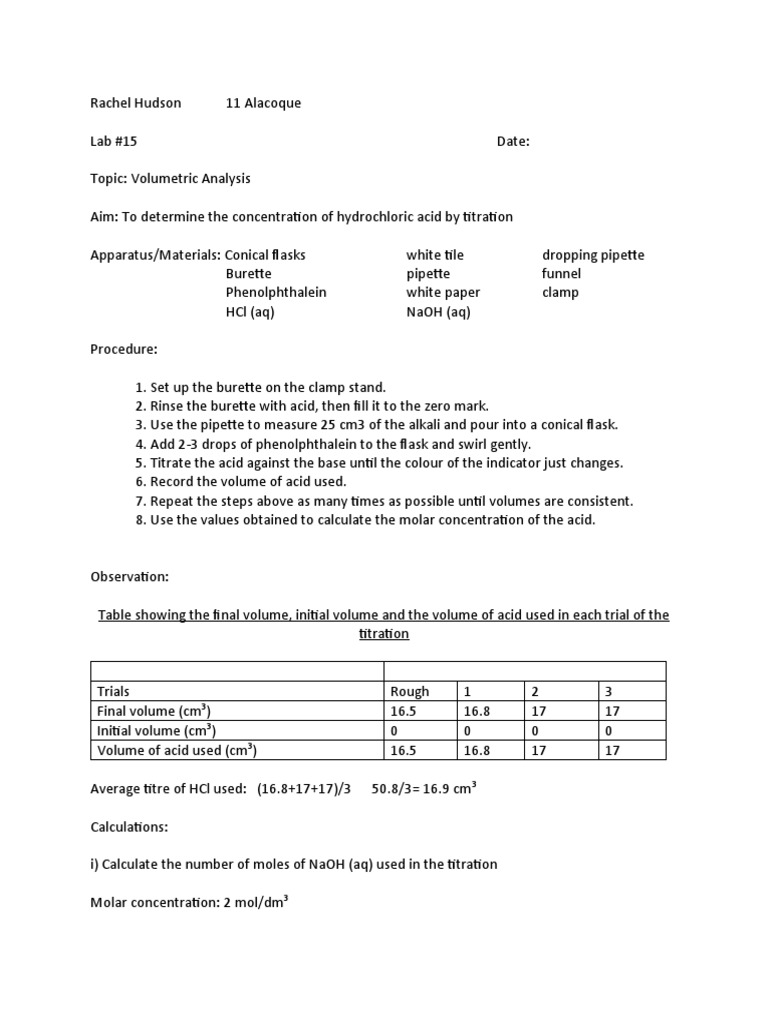 Titration Analysis of HCl Concentration | PDF | Titration | Chemistry
