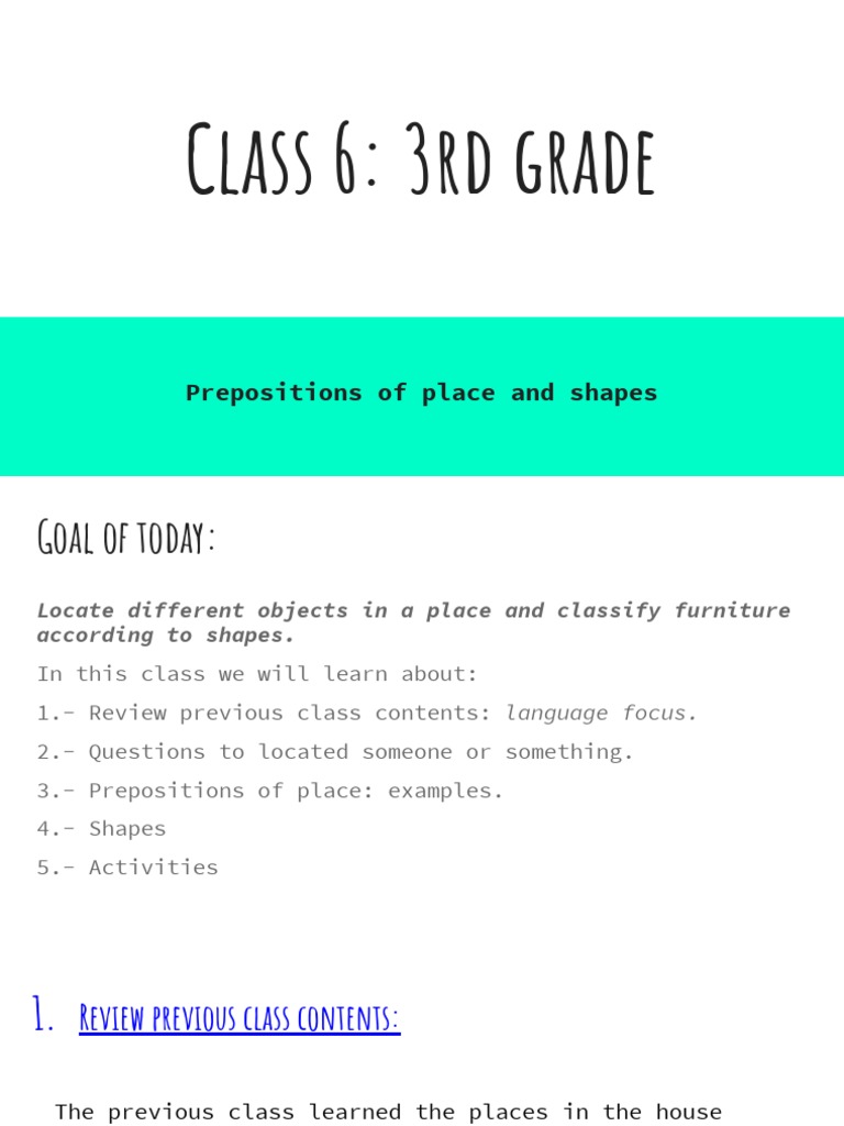 Class 6: 3rd Grade: Prepositions of Place and Shapes | PDF