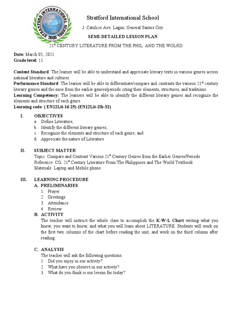 21st Century Literature-Lesson-Plan 1 | PDF | Lesson Plan | Genre