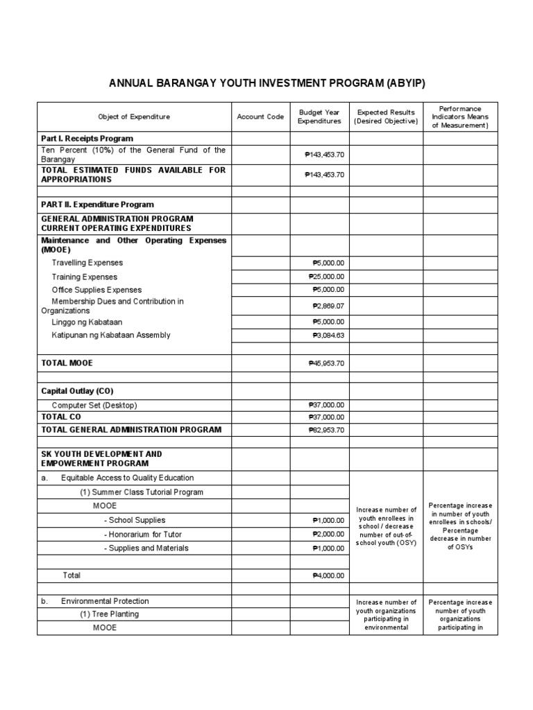 Annual Barangay Youth Investment Program (Abyip) | PDF ...