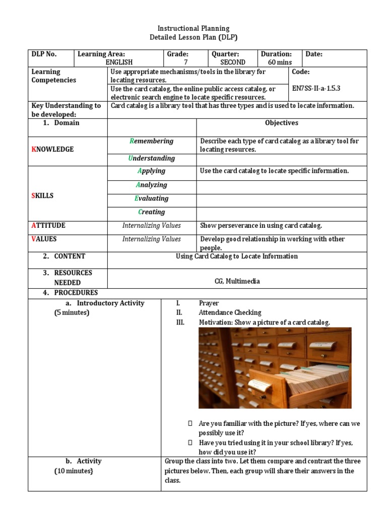 Instructional Planning Detailed Lesson Plan (DLP) | PDF | Libraries ...