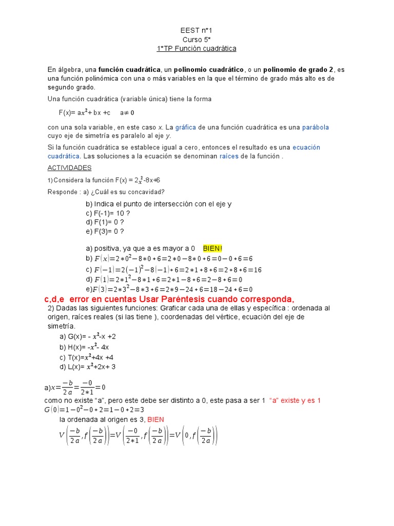 1 - TP Función Cuadrática (Con Ayudas) | PDF