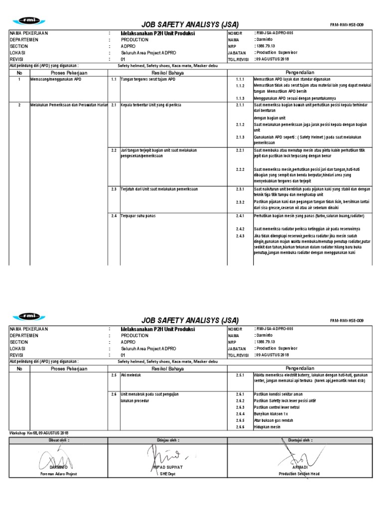 RMI-JSA-ADPRO-005 - Rev1-Melaksanakan P2H Unit Produksi | PDF