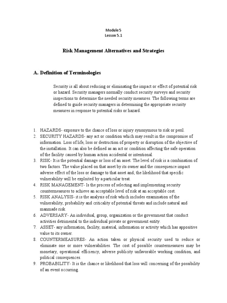 Risk Management Alternatives and Strategies: Lesson 5.1 | PDF | Risk ...