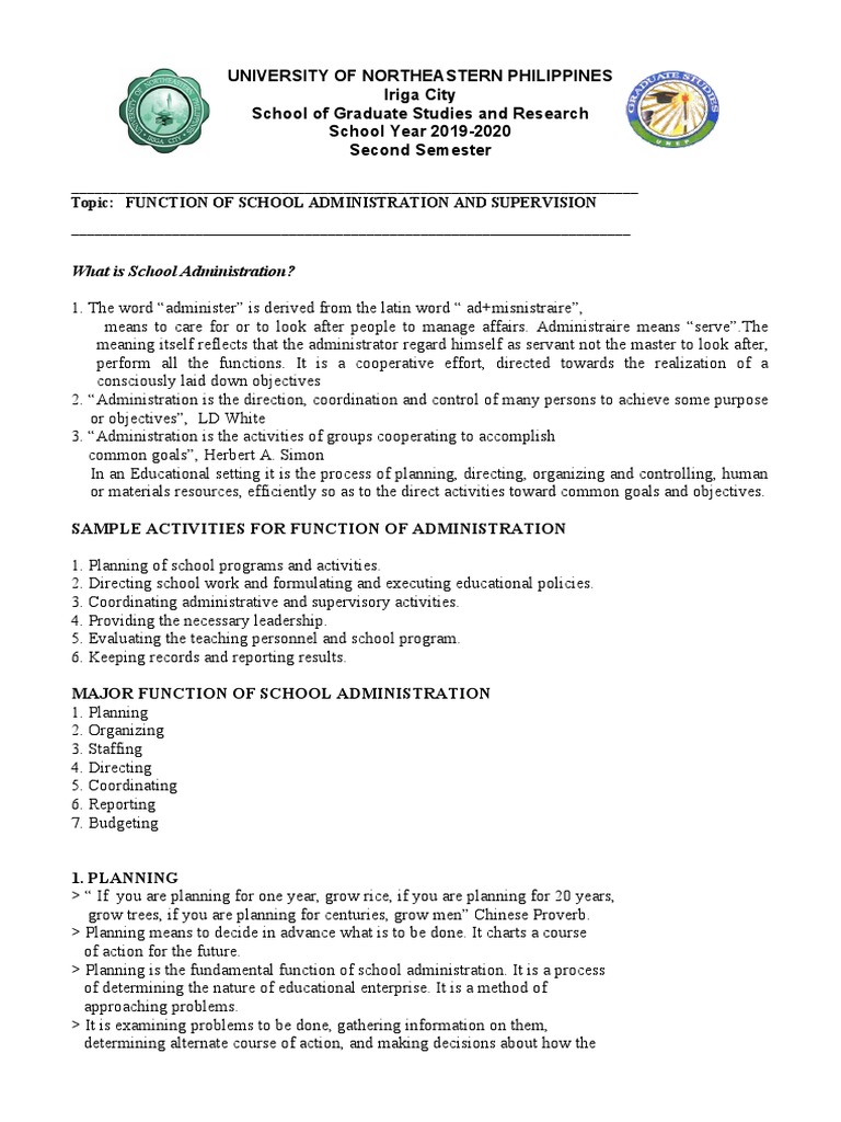 Functions of School Administration | PDF | Goal | Planning