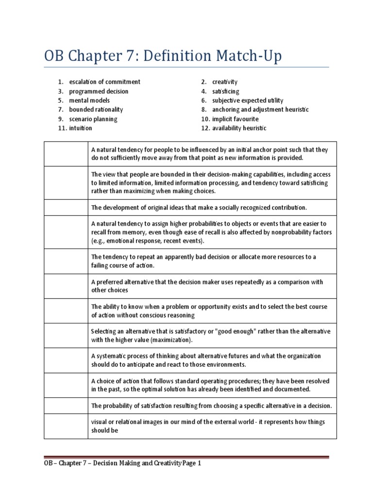 Chapter 7 Definition Match-Up - Handout | PDF | Choice | Decision Making